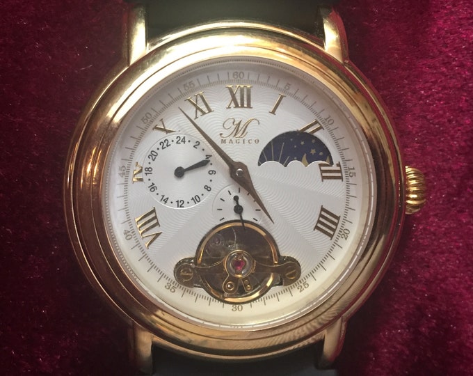 Moon Phase Watch, Superb MAGICO Mens Watch, Moon Phase Dial, Gold Tone ...