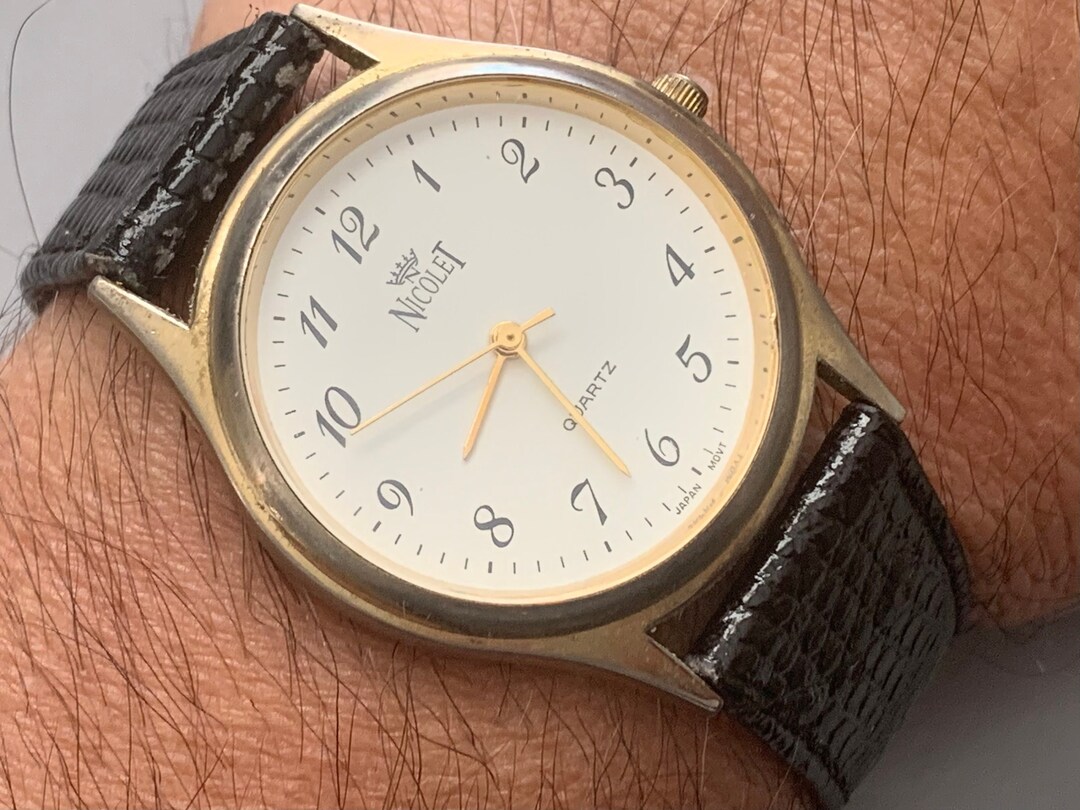 NICOLET MENS Classic Round Watch Gold Plate Bezel White Dial Black ...