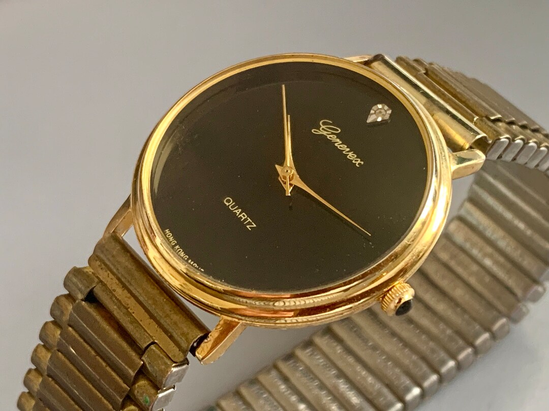 MENS GENUINE DIAMOND Genevex Croton Black Dial Vintage Watch, Sweep ...