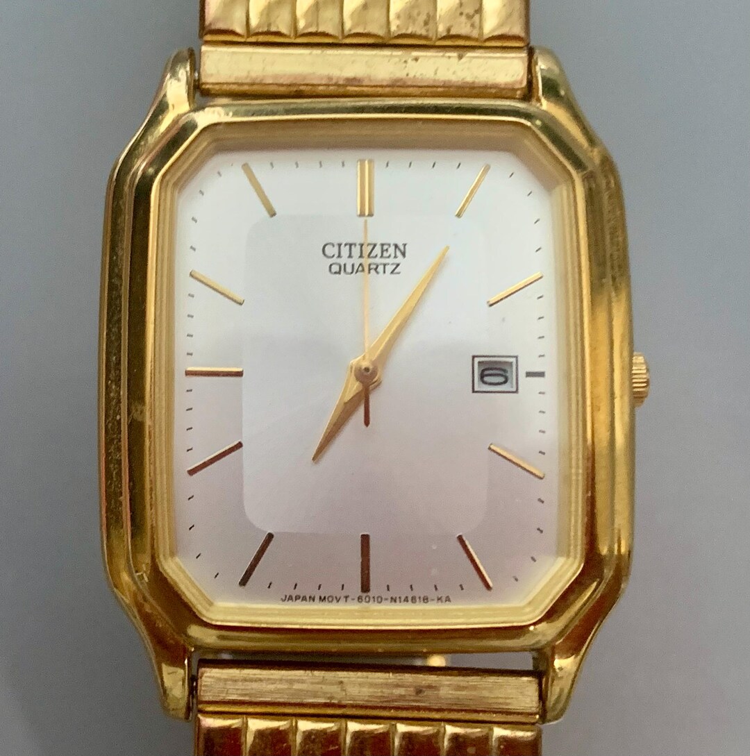 Vintage Citizen Quartz Mens Watch: Gold Plated Rectangular, White Dial ...