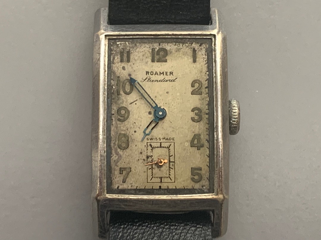 Rare MENS SWISS ROAMER Rectangular Watch, 15 Jewels Wind Up, Sub Second ...