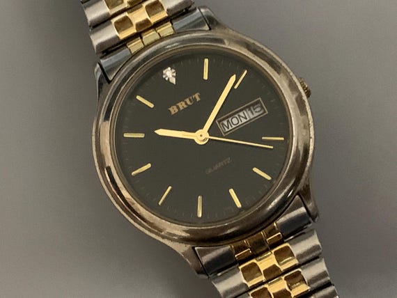 Mens Vintage Brut Faberge Quartz Watch: Black Dial Pr… - Gem