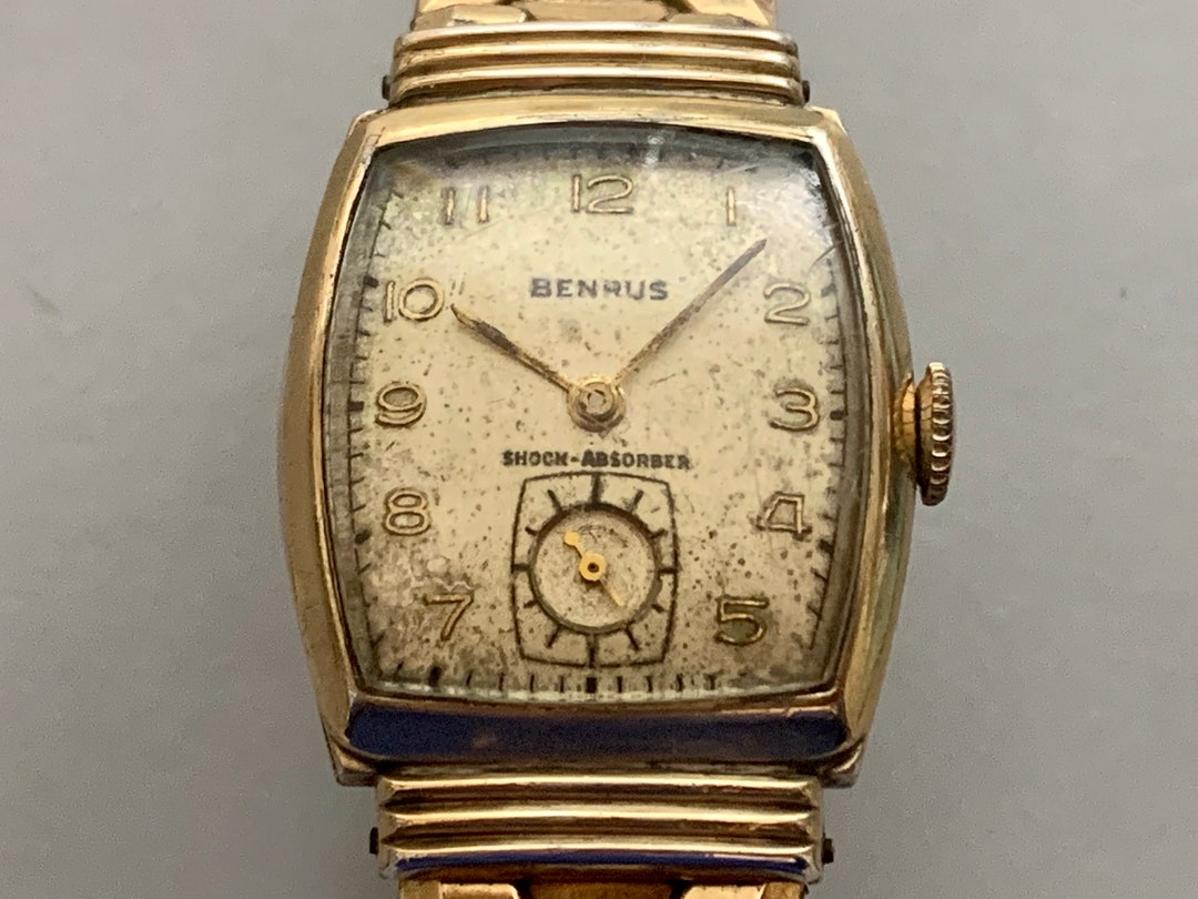 BENRUS MENS Watch Hidden Lugs 10K Rolled Gold Plate Tonneau Shape Art Deco 17 Jewel Swiss Made ...