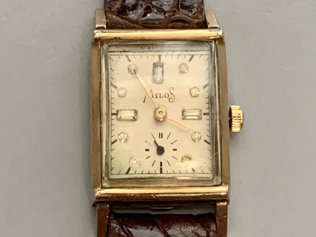 MILOS Mens Art Deco Watch Diamond Dial Rectangular Gold Filled Swiss ...