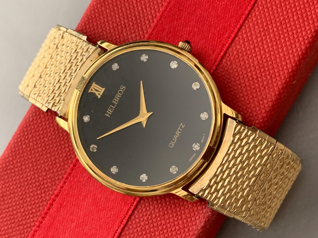 HELBROS DIAMOND DIAL Ladies Vintage Watch: Gold Plated, Black Dial ...
