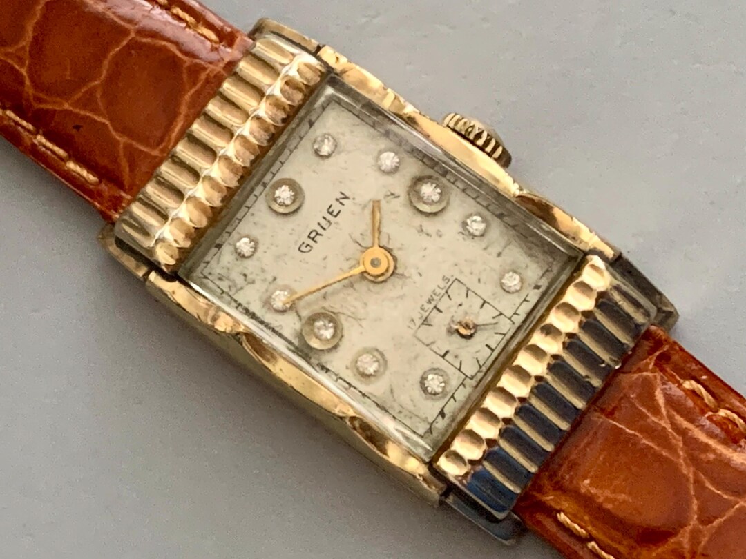 GRUEN MENS SWISS 10K Rolled Gold Plate Diamond Dial Art Deco Watch 17 ...