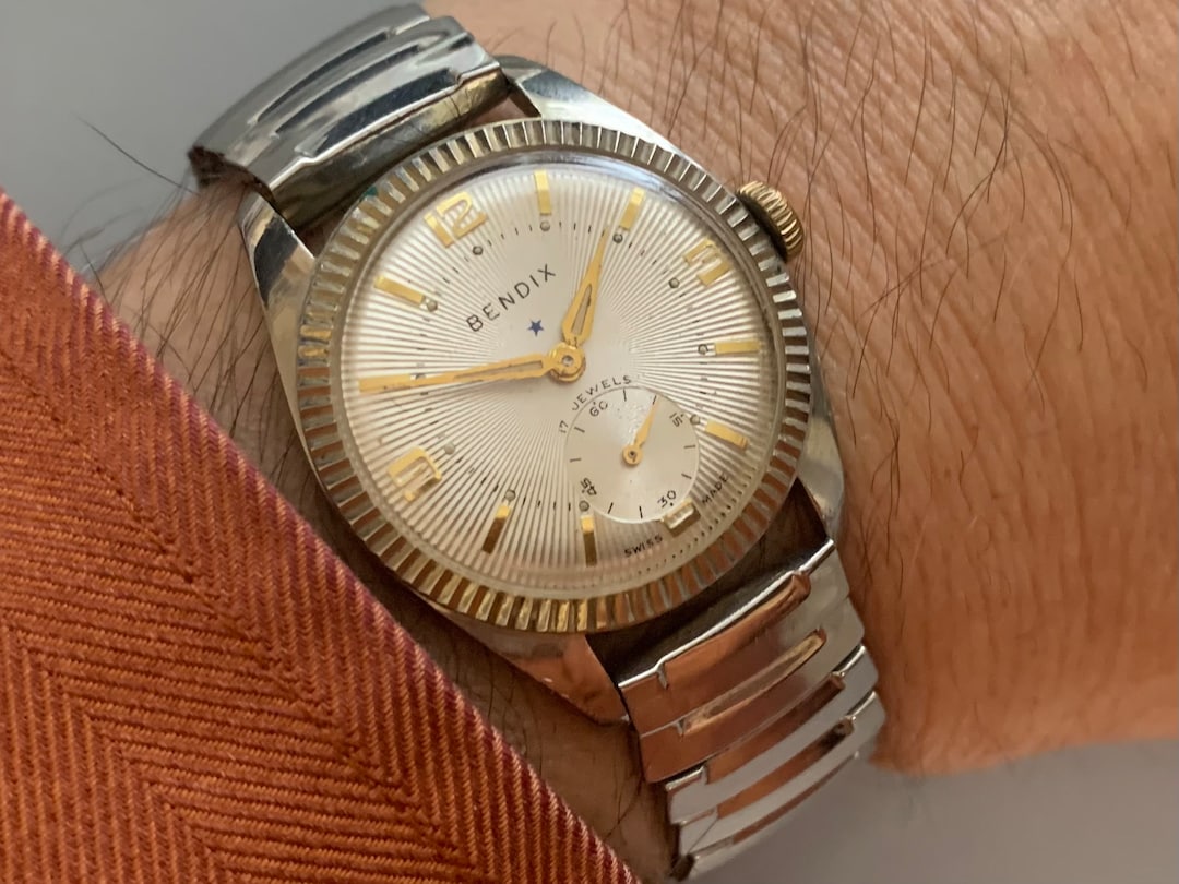 Vintage Swiss Rodania Bendix Mens Watch: Sunburst Dial, Fluted Bezel ...