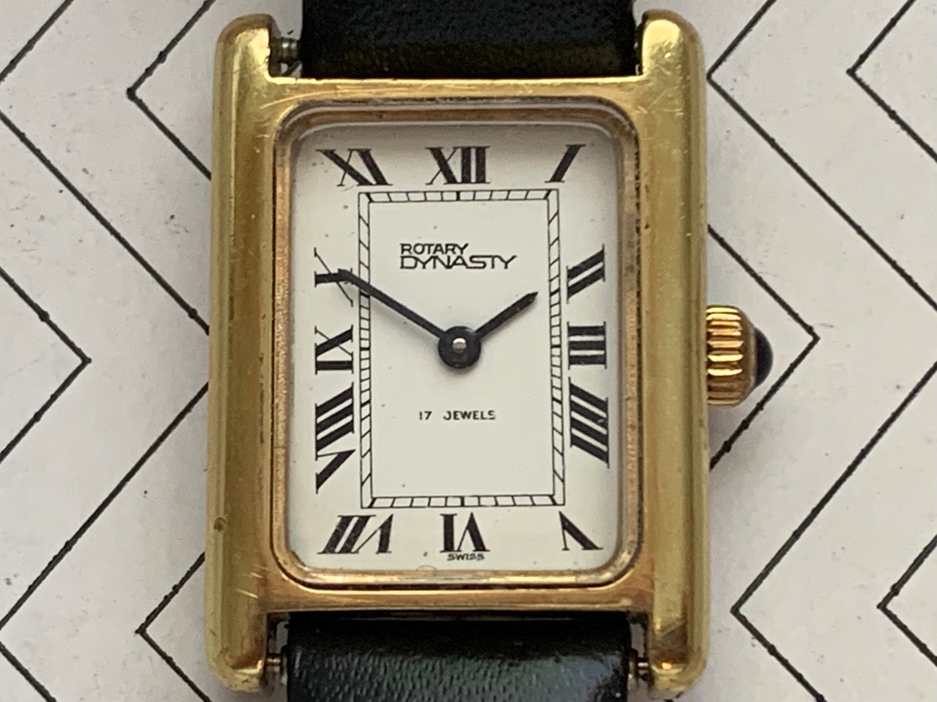 Geneva Men's Gold Watch Rectangle White Dial Black Roman