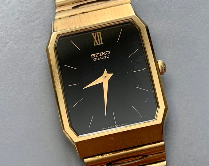 MENS SEIKO WATCH Cut Corners Gold Plate Rectangular Bezel W Black Dial ...
