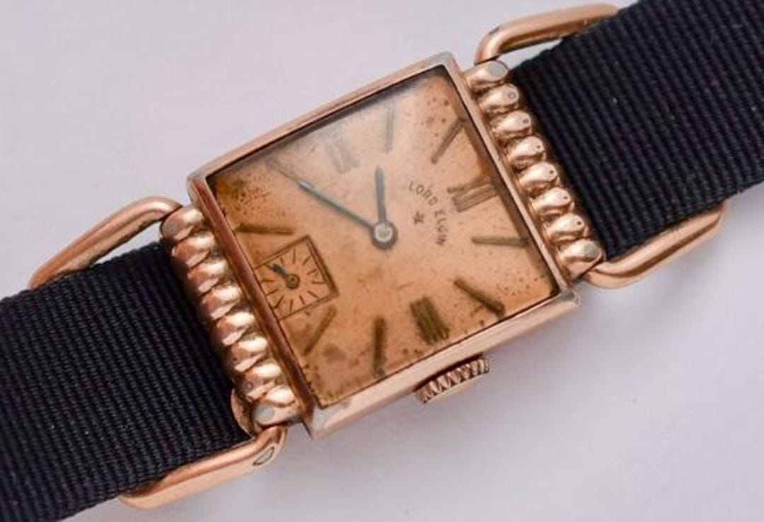 LORD ELGIN MENS Driver Lugs 21 Jewel Art Deco 14k Rose Gold Salmon Dial ...