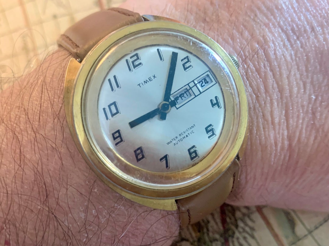 Retro Timex Watch, Golden Bezel, Black Hour Markers, Day Date Window ...