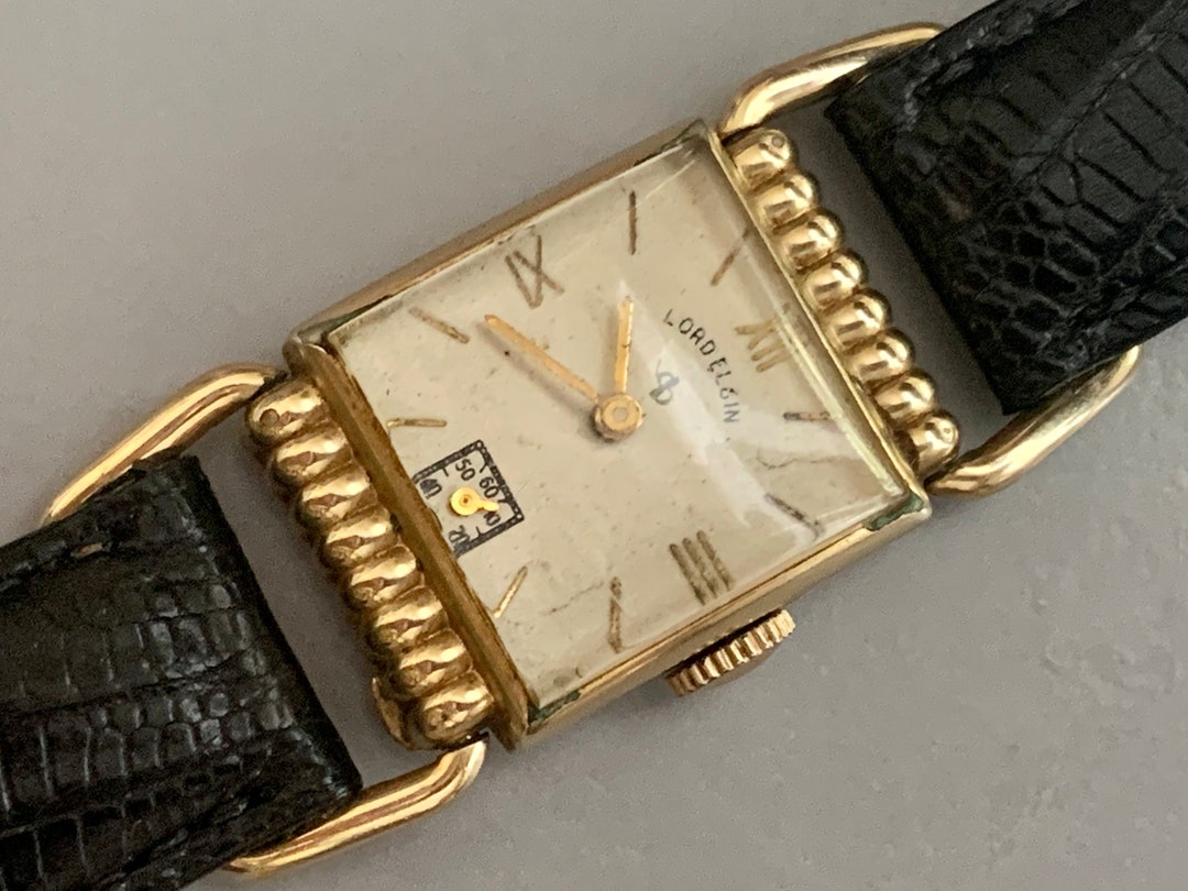 LORD ELGIN MENS Watch Drivers Hinged Lugs Rectangular 21 Jewels Art ...