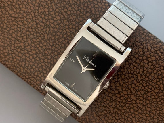 MENS GENEVA WATCH Black Dial Vintage Sweep Second Han… - Gem