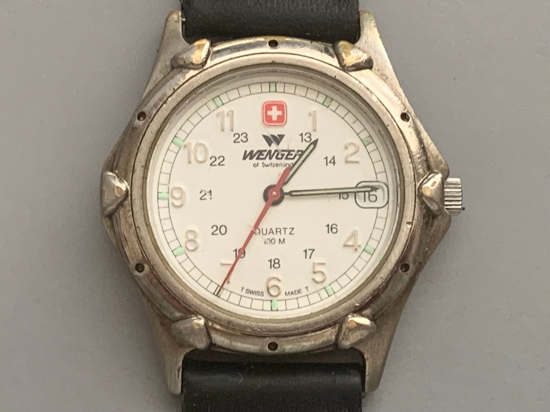 Vintage Wenger Swiss Army Mens Watch: White Dial, Date Window, Quartz ...