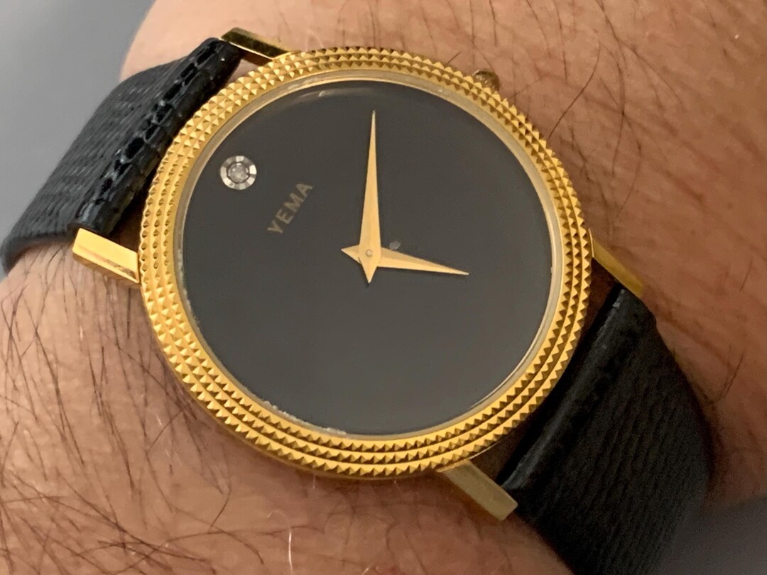 YEMA PARIS Black Dial Ultra Slim Mens Vintage Luxury Watch Gold Plate ...