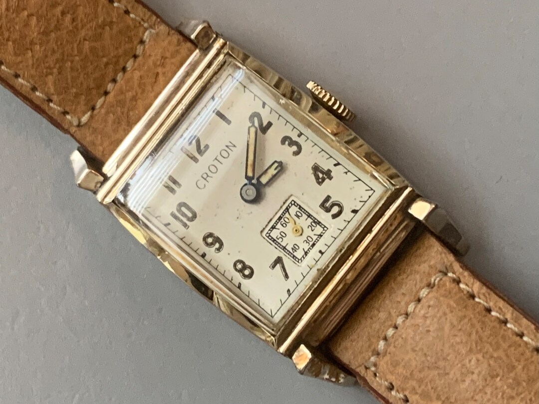 CROTON Mens Vintage Swiss Rectangular Watch 10K Rolled Gold Plate Fancy ...