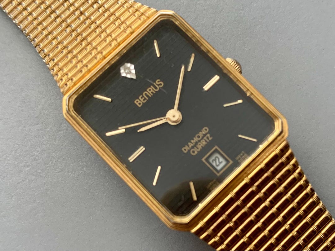 Suave MENS BENRUS WATCH, Diamond Quartz Rectangular Black Dial, Date ...