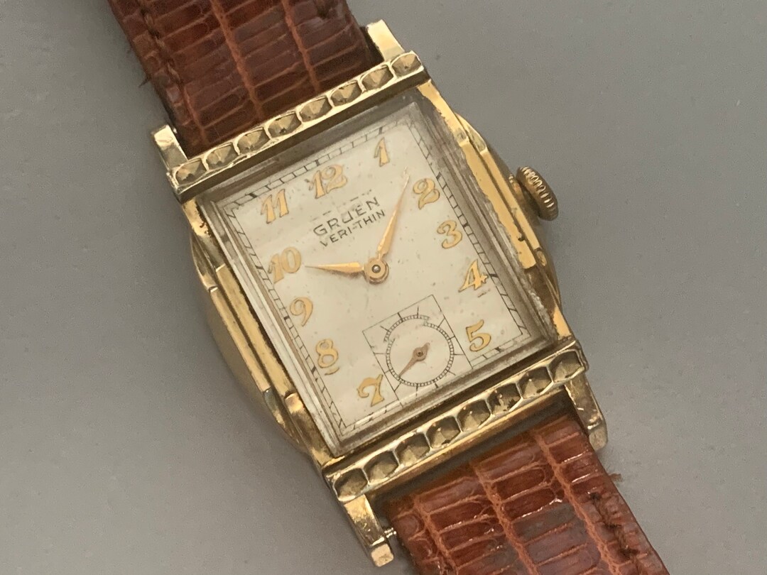 GRUEN MENS Veri-thin Art Deco 10K Gold Filled Swiss Watch, Curvex 17 Jewels Wind up Working ...