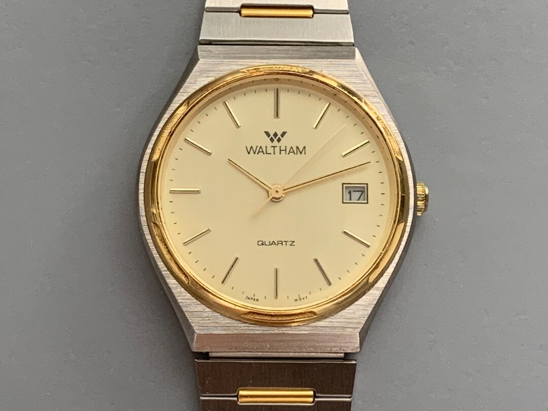 WALTHAM MENS WATCH 2 Tone Gold Plate Stainless Steel Retro Date Window ...