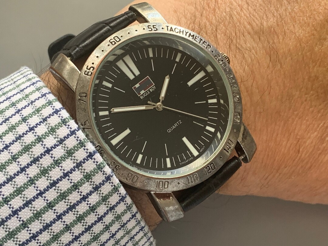 MENS BUGLE BOY Vintage Watch: Bold Black Dial 50mm Quartz | Click ...