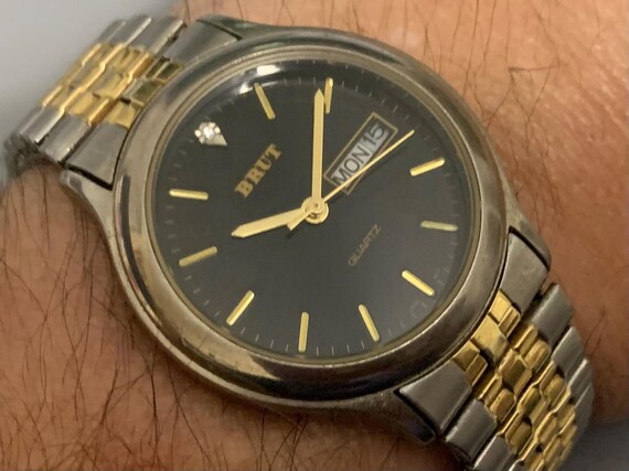 Mens Vintage Brut Faberge Quartz Watch: Black Dial Pr… - Gem