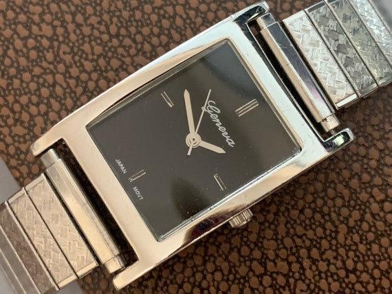 MENS GENEVA WATCH Black Dial Vintage Sweep Second Han… - Gem