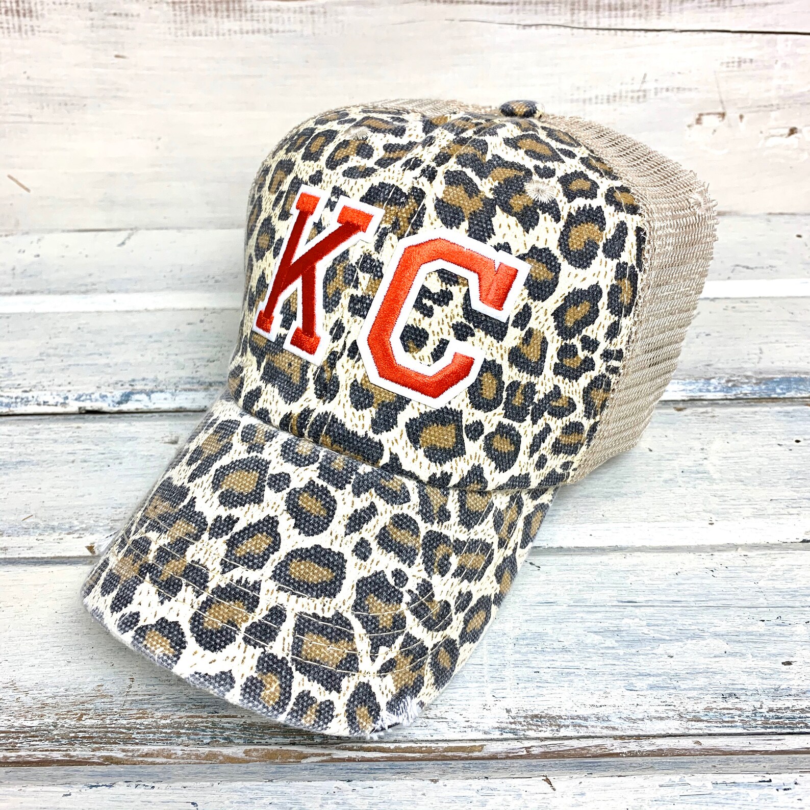 KC Trucker Hat Leopard Print Varsity Letters Light Red - Etsy
