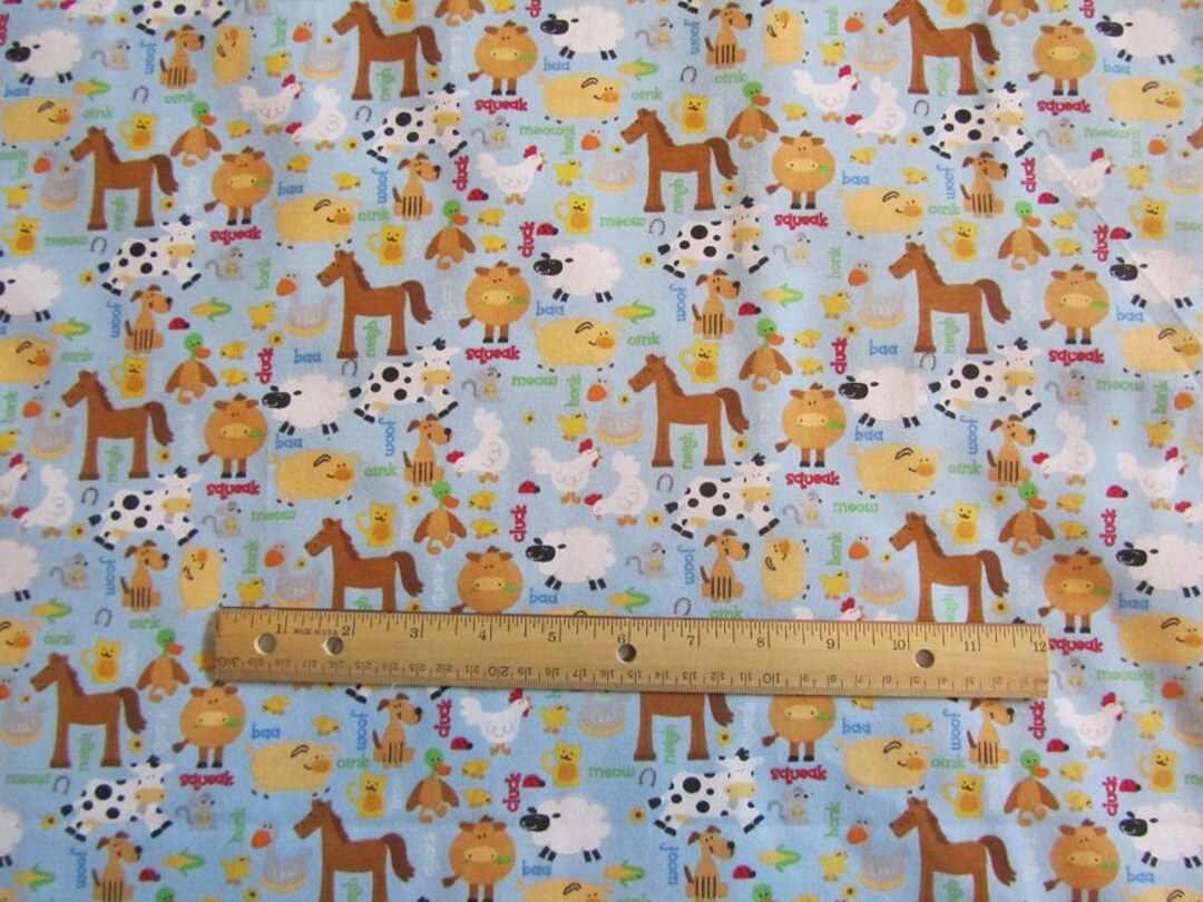 Blue Farm Animals/cow/pig/sheep/dog/cat/horse Flannel Fabric by the ...