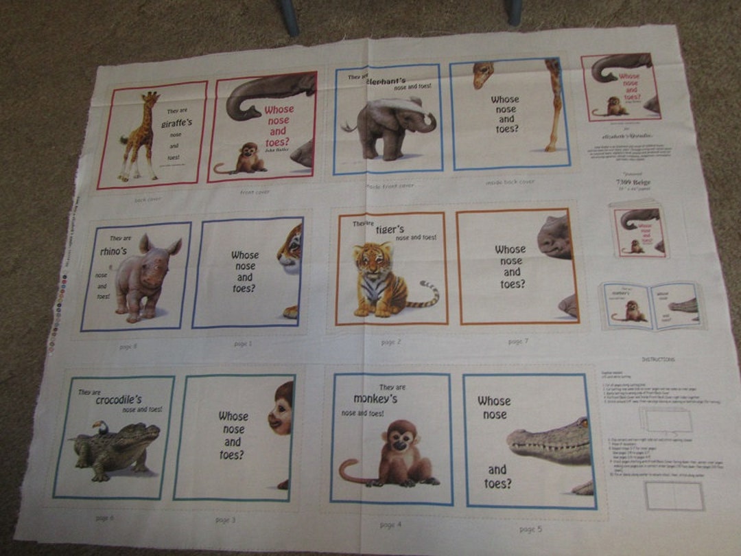 Elizabeth Studios Whose Nose and Toes Jungle Animal Cotton Fabric Book ...