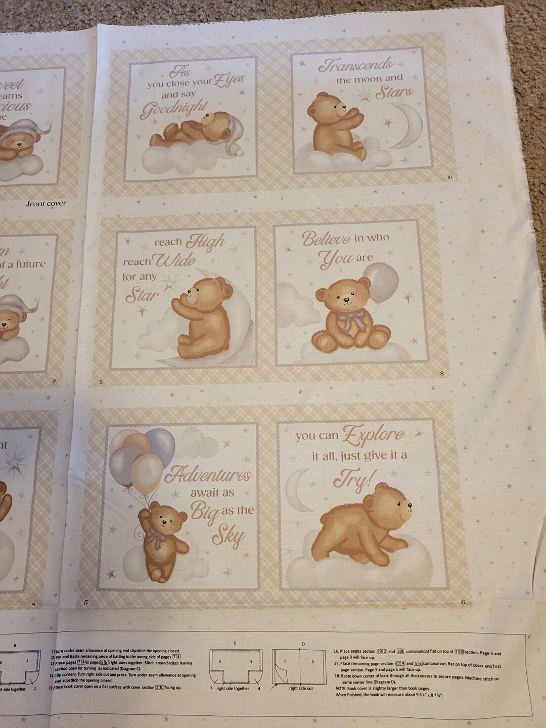 Sleepy Teddy Cotton Fabric Book Panel - Etsy
