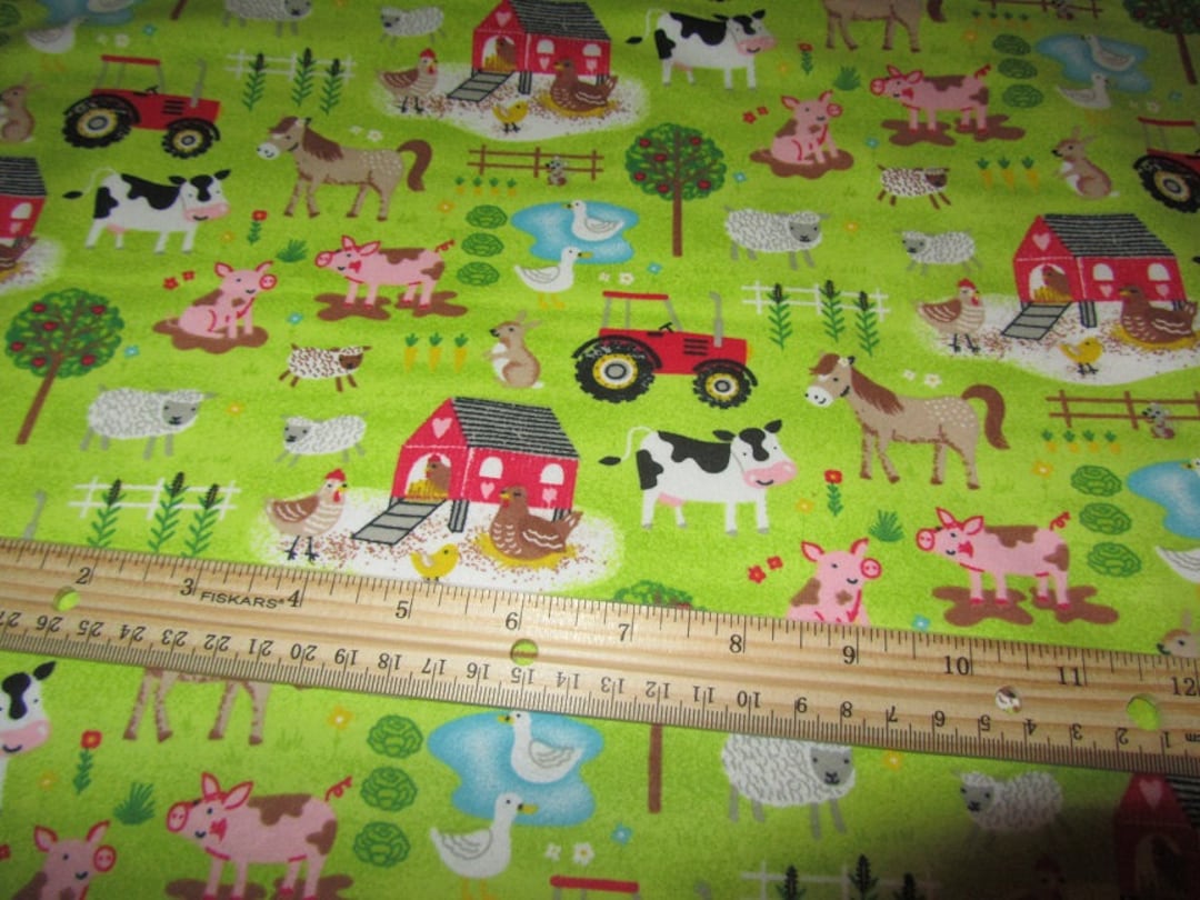 Green Farm Animal/cow/pig/sheep/duck/tractor Flannel Fabric by the Yard ...