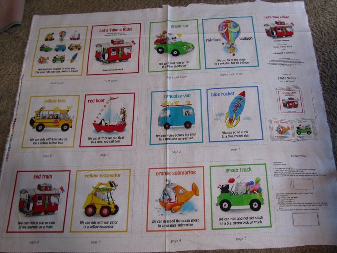 Let's Take A Ride Vehicle/truck/car Cotton Fabric Book Panel - Etsy