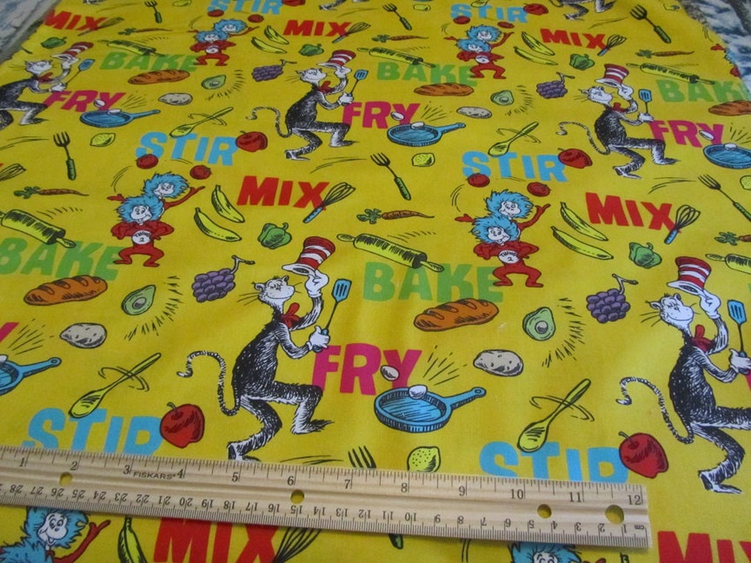 Yellow Dr Seuss Cat in the Hat Character Words Cooking Theme Cotton ...