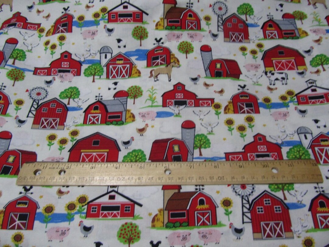 White Barnyard Serenade Farm Animal With Red Barn Cotton Fabric by the ...