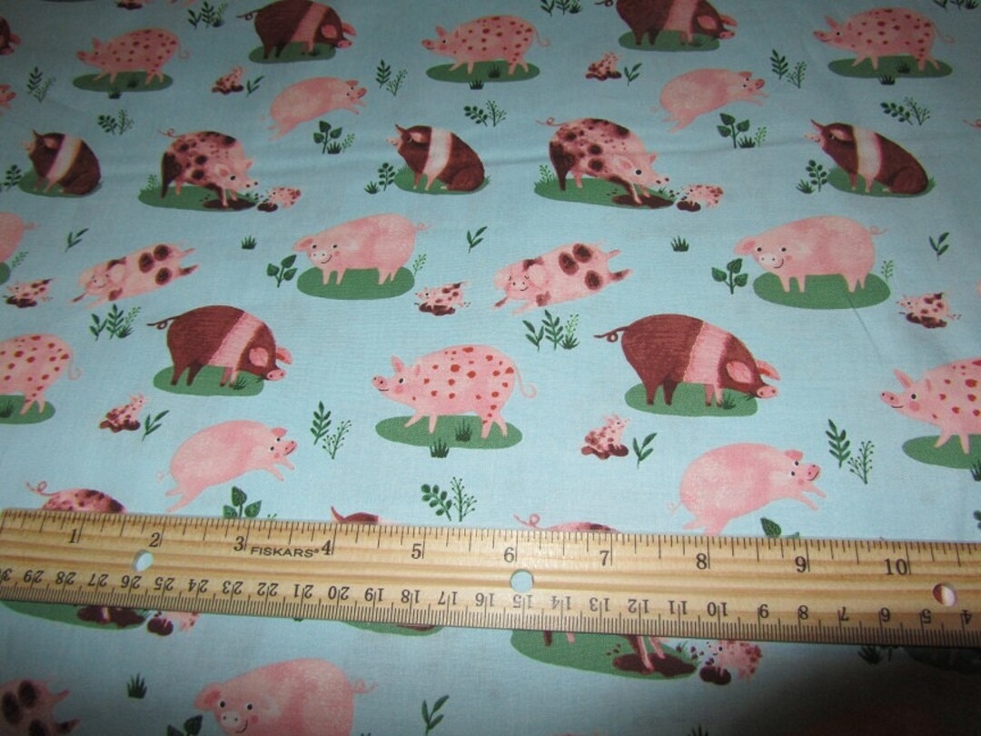 Blue With Multicolored Pigs Cloth Works Cotton Fabric by the Yard - Etsy