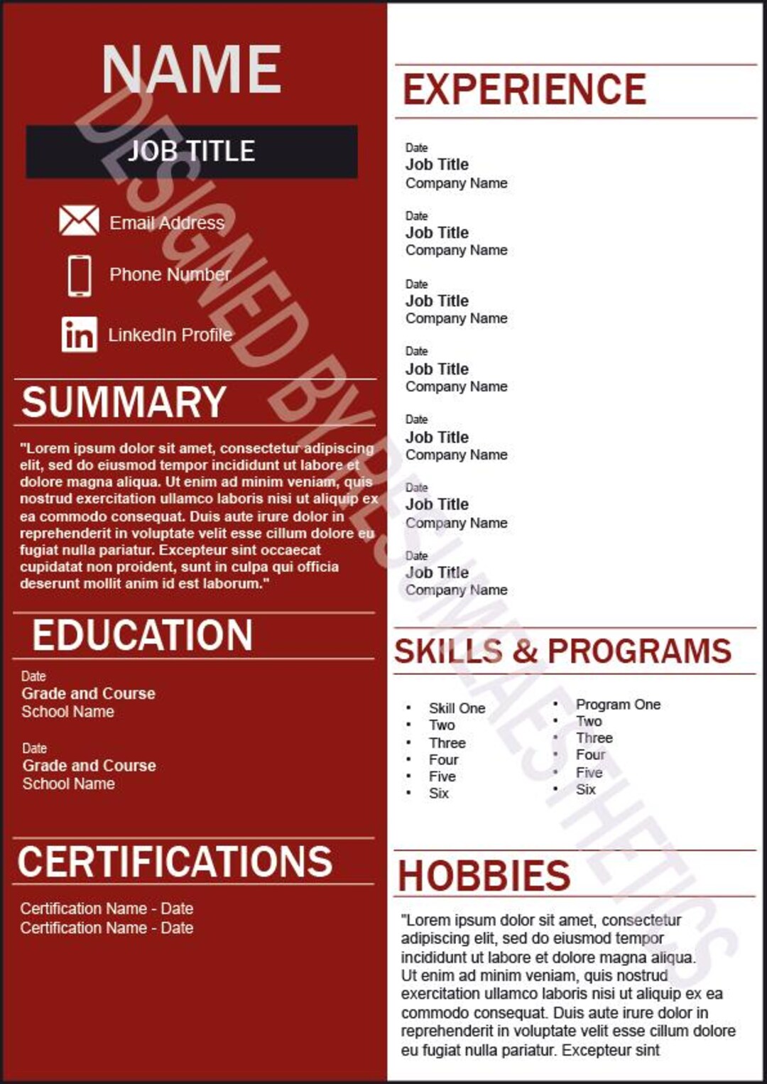 Bold Red Resume CV Template - Etsy