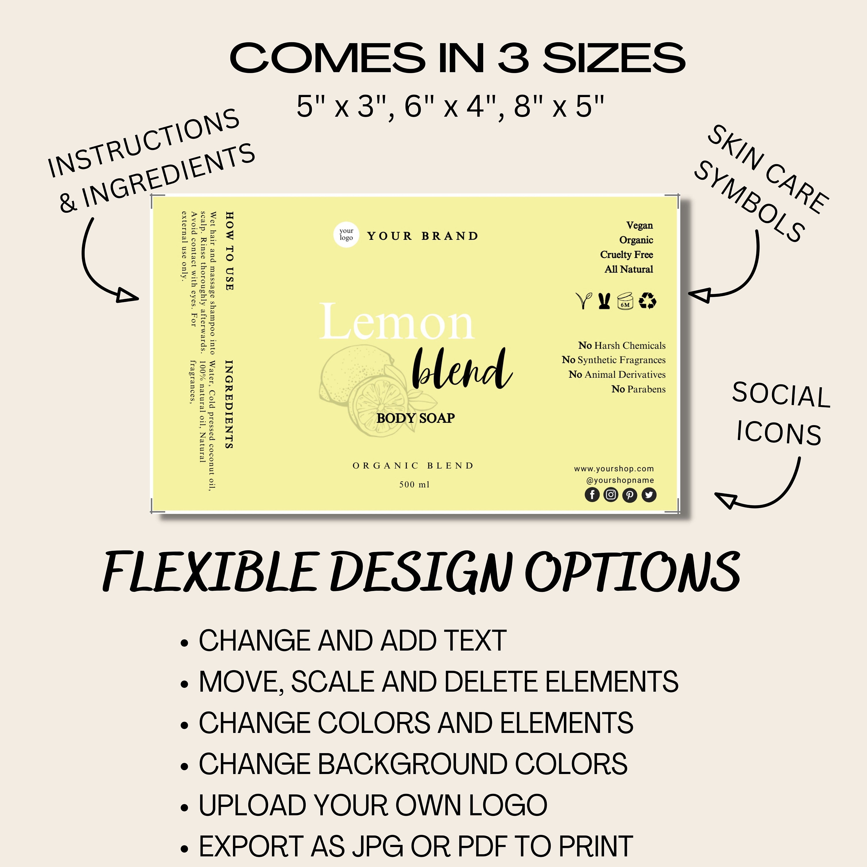 500ml Bottle Label Template, DIY Lotion Body Wash Product Label ...