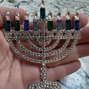 Menorah Brooch Pin Rhinestone Blue Silver HUGE 3x3.75” Jewelry Gift NEW ...