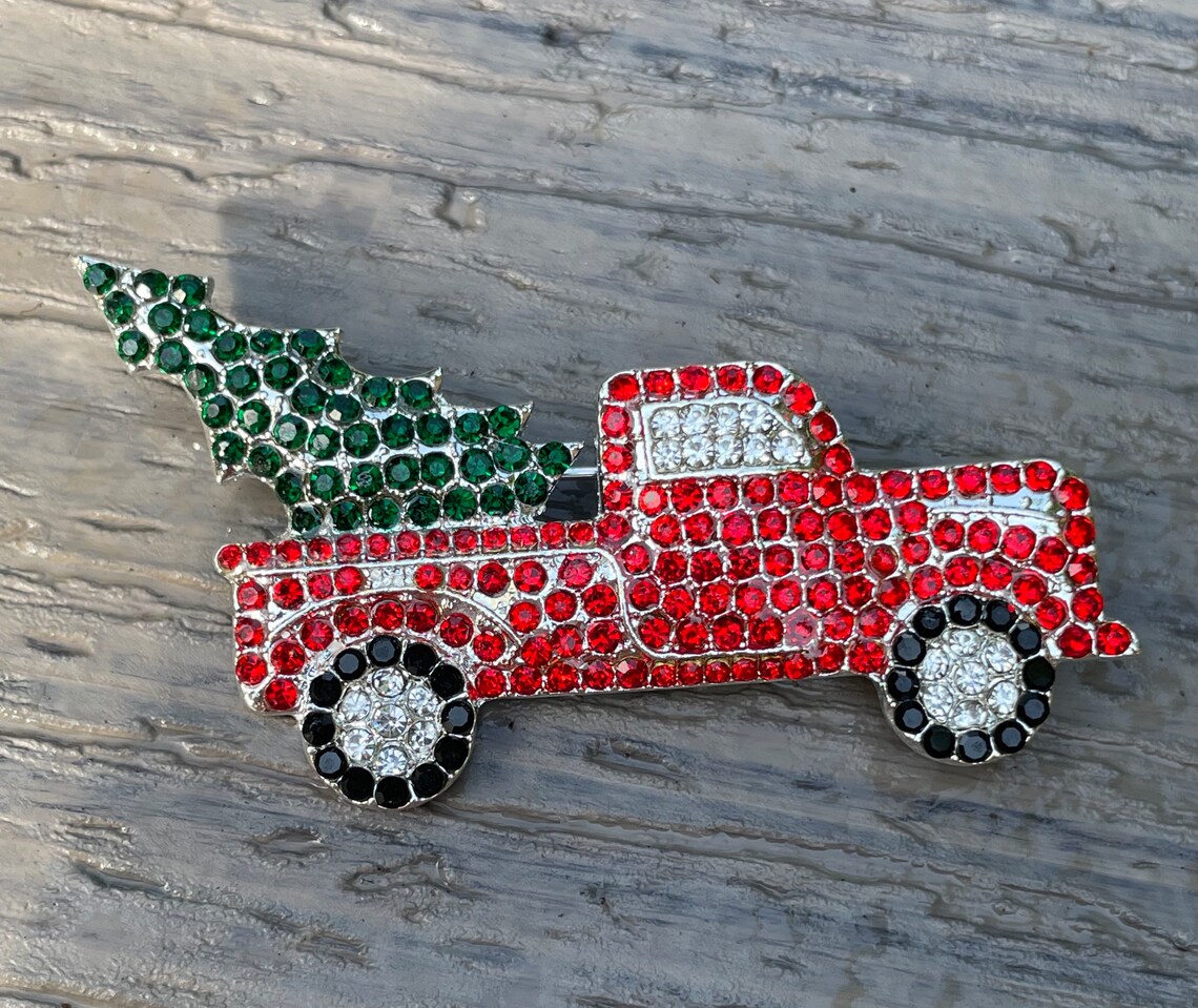 Country Red Pickup Truck Christmas Tree Rhinestone Brooch Pin NEW ...