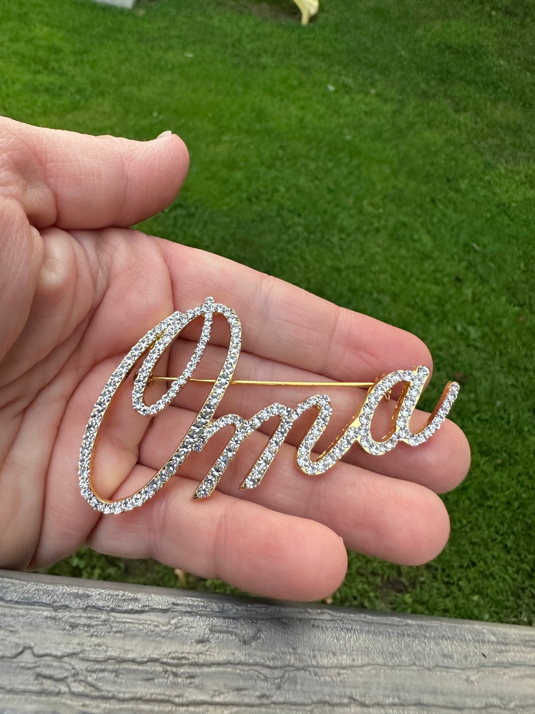 Oma Gold Pin Brooch Lapel Script German Grandmother Rhinestone Jewelry ...