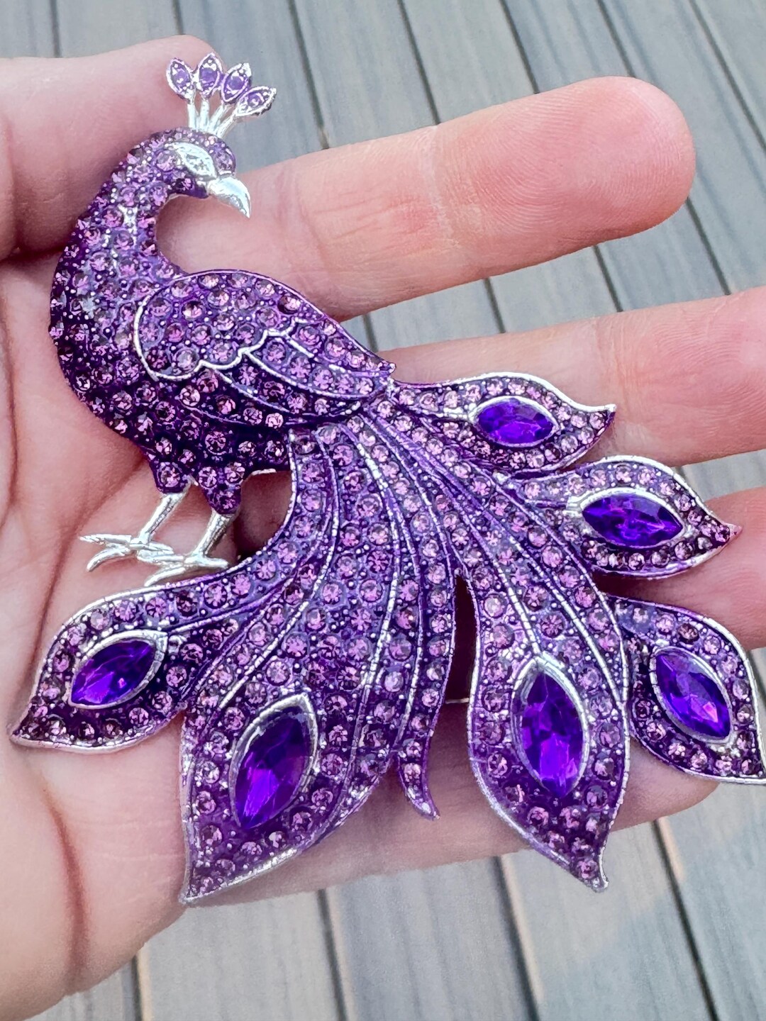 Large Purple Peacock Rhinestone Brooch Pin, Silver Tone Statement Bird ...