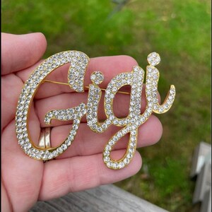 Large Custom Script 3" Gold Gigi Rhinestone Clear Silver Pin Brooch ...