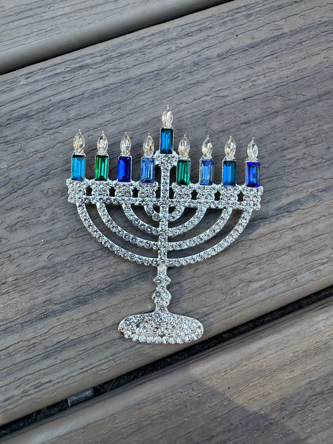 Menorah Brooch Pin Rhinestone Blue Silver HUGE 3x3.75” Jewelry Gift NEW ...