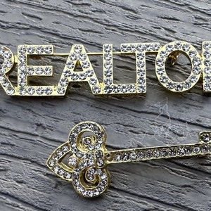 Custom Gold Rhinestone Script Realtor Profession Brooch 3.25” With ...