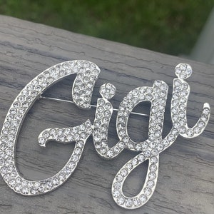 Large Custom Script 3" Gold Gigi Rhinestone Clear Silver Pin Brooch ...