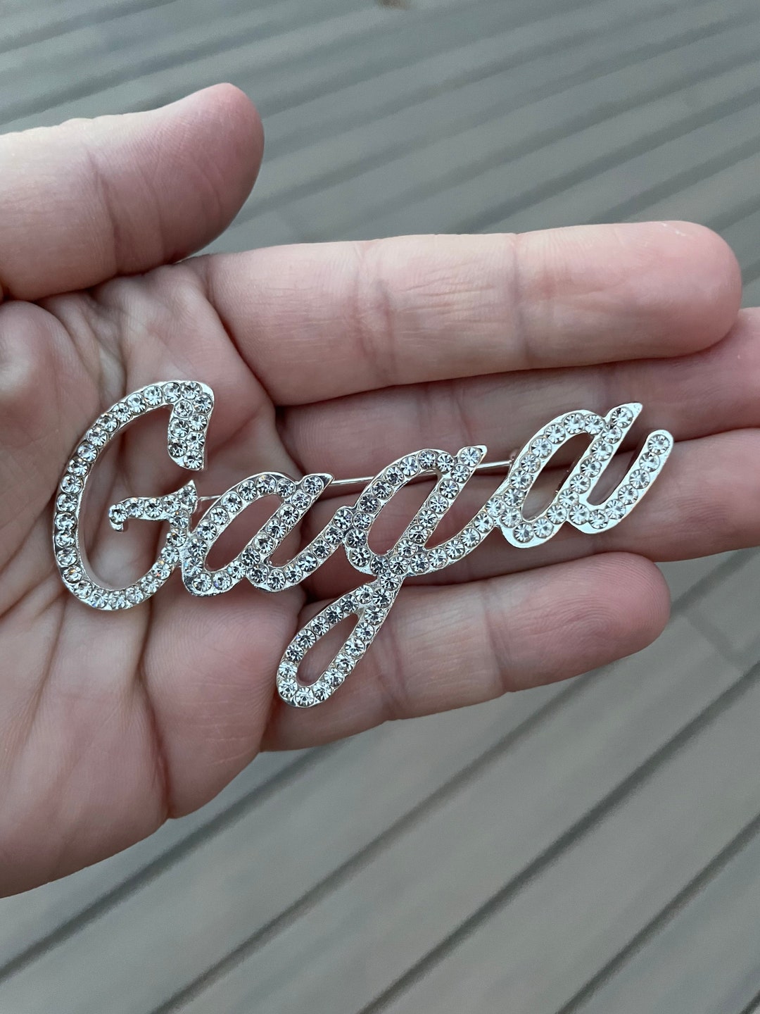 Script Rhinestone Gaga Pin Brooch NEW With Velvet Pouch 3" Silver or ...