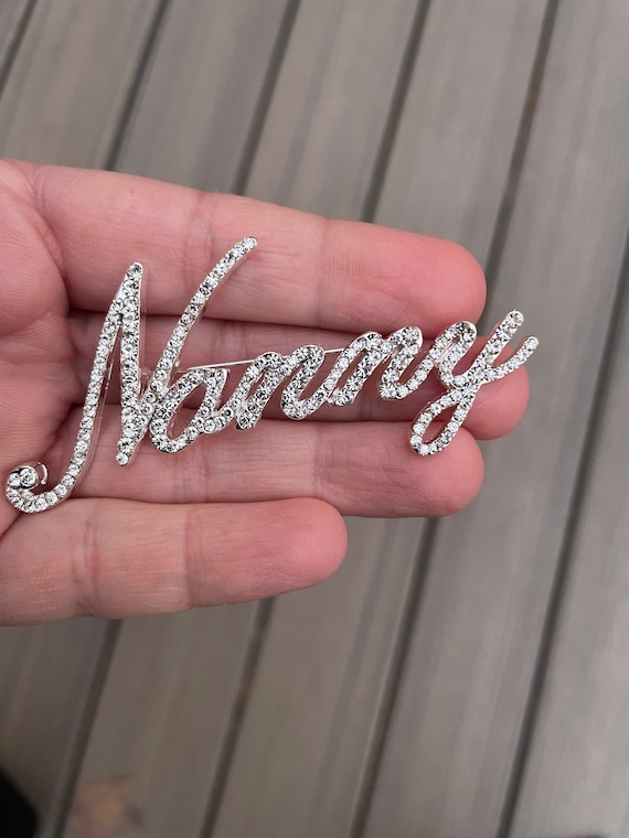 Script 3 Nanny Rhinestone Clear Silver Pin Brooch Lapel Jewelry NEW With Velvet Pouch Etsy