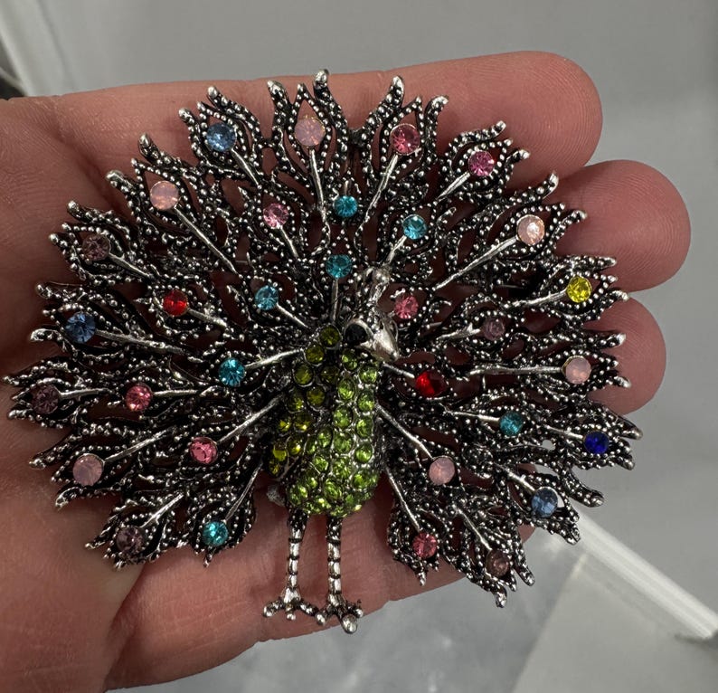 Large Purple Peacock Rhinestone Brooch Pin, Silver Tone Statement Bird ...