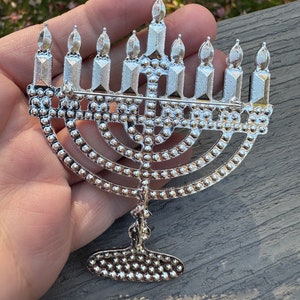 Menorah Brooch Pin Rhinestone Blue Silver HUGE 3x3.75” Jewelry Gift NEW ...
