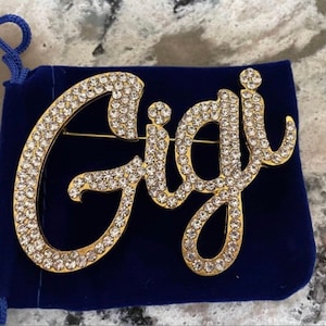 Large Custom Script 3" Gold Gigi Rhinestone Clear Silver Pin Brooch ...